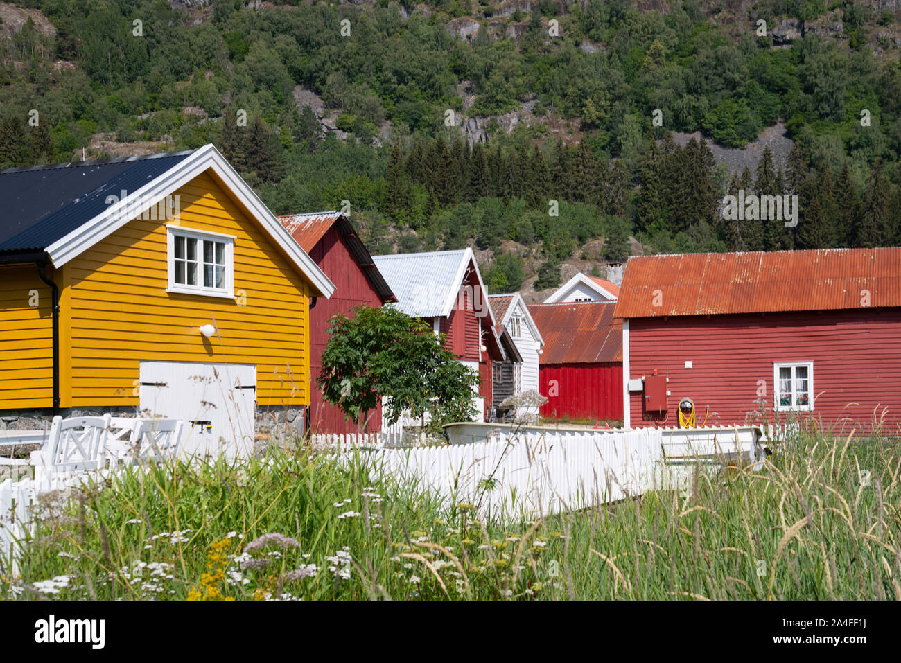 Colouful wooden buildings in Solvorn, Lustra Fjord, Vestlandet, Norway ...