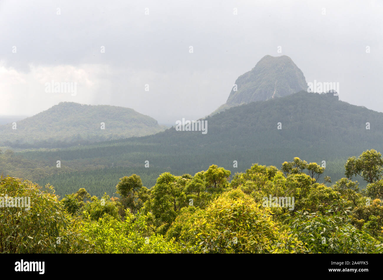 Mount Tibrogangon at 364m high and in the distance is Mount Cooee at ...
