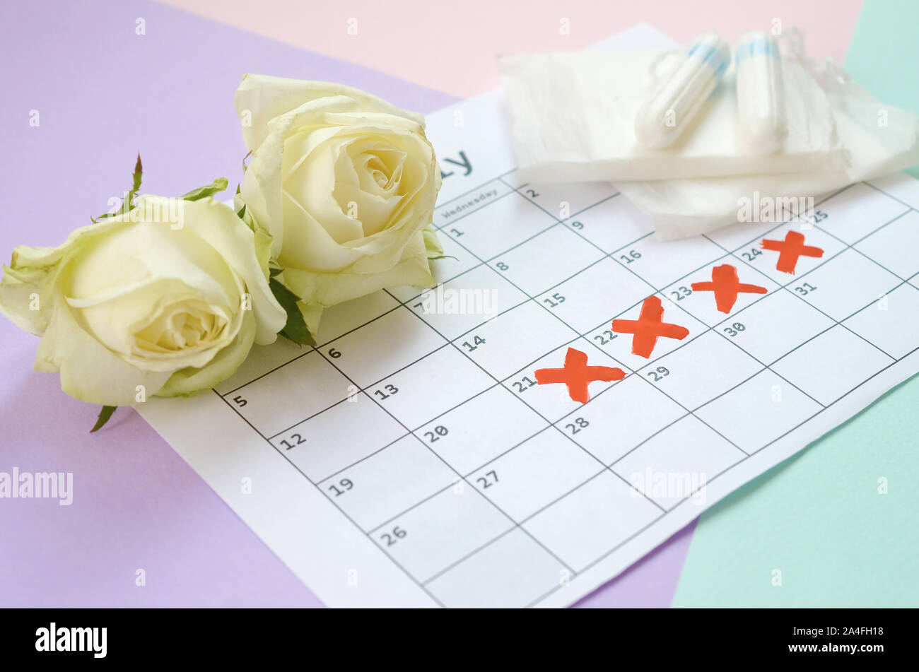 Flat lay composition with white roses and menstrual tampons and pad ...
