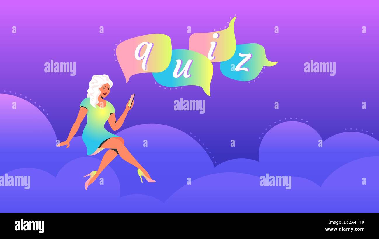 Woman playing quiz with smartphone mobile app concept vector ...