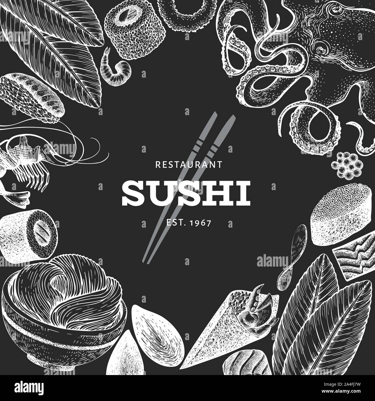 Japanese cuisine design template. Sushi hand drawn vector illustration ...