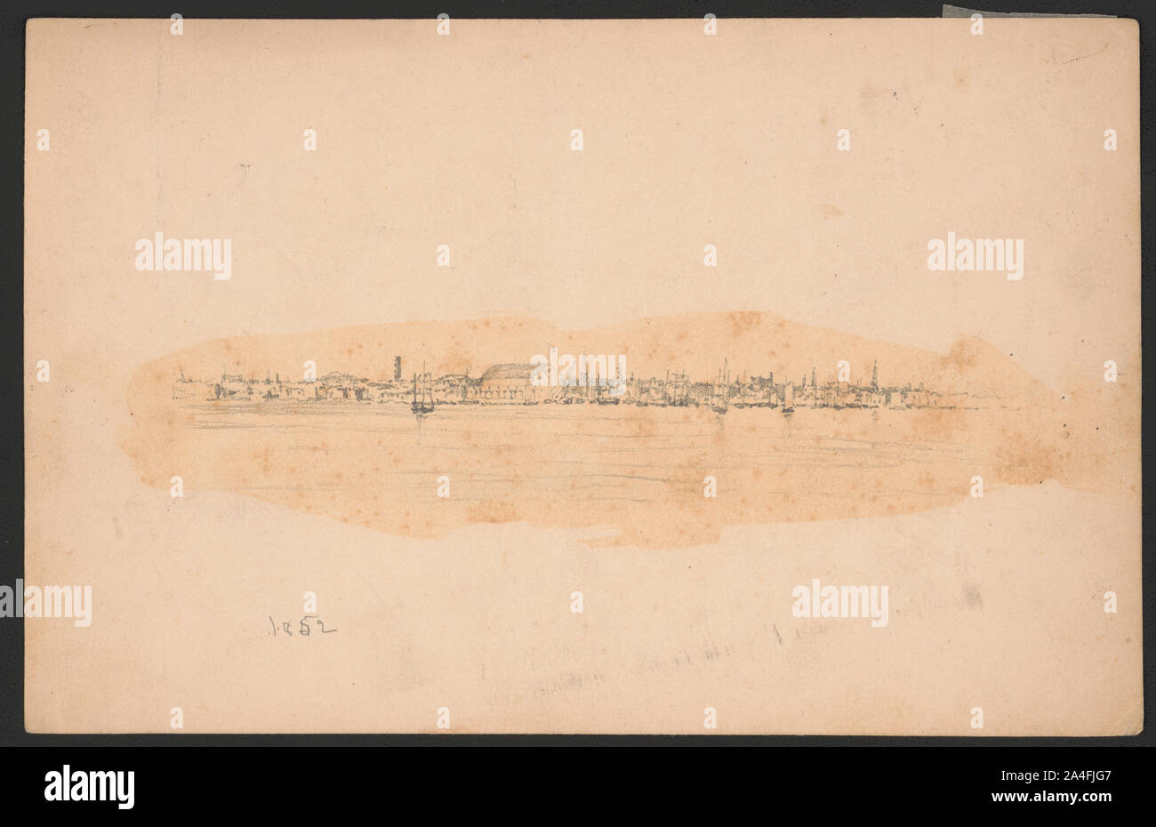 Topographical sketch of a city waterfront, with bare outlines of ...