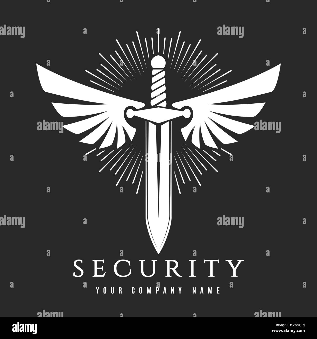Security or Guard Emblem. White Winged sword isolated on black. Vector ...