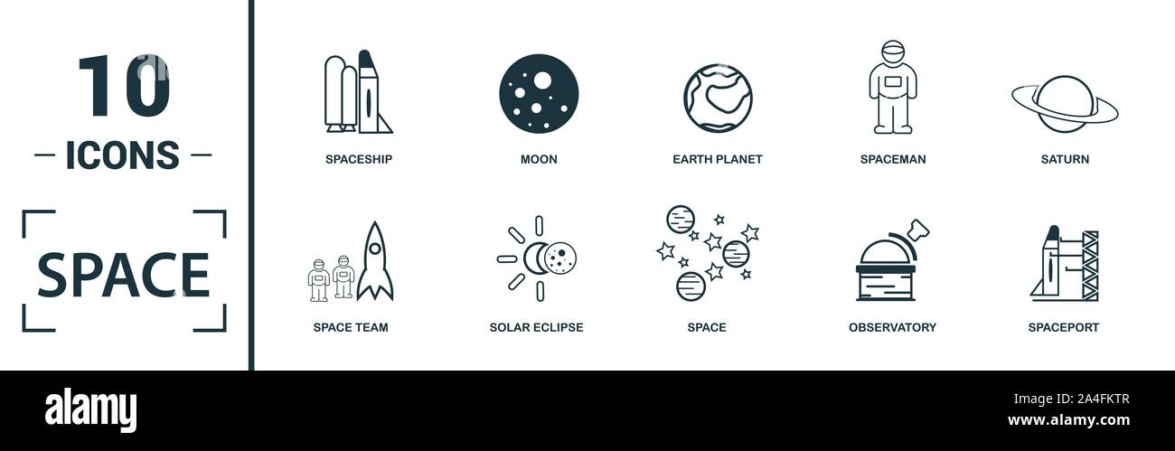 Space icon set. Include creative elements earth planet, stars, spaceship, spacemen, telescope ...