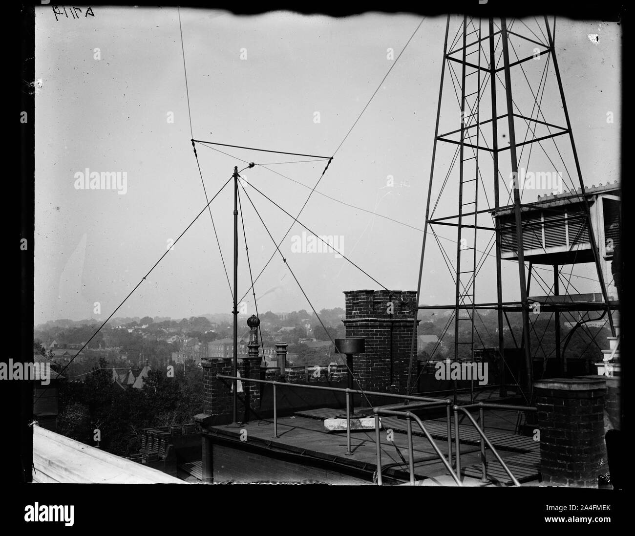 Tower, wires, and instrument enclosures on roof of the National Weather ...