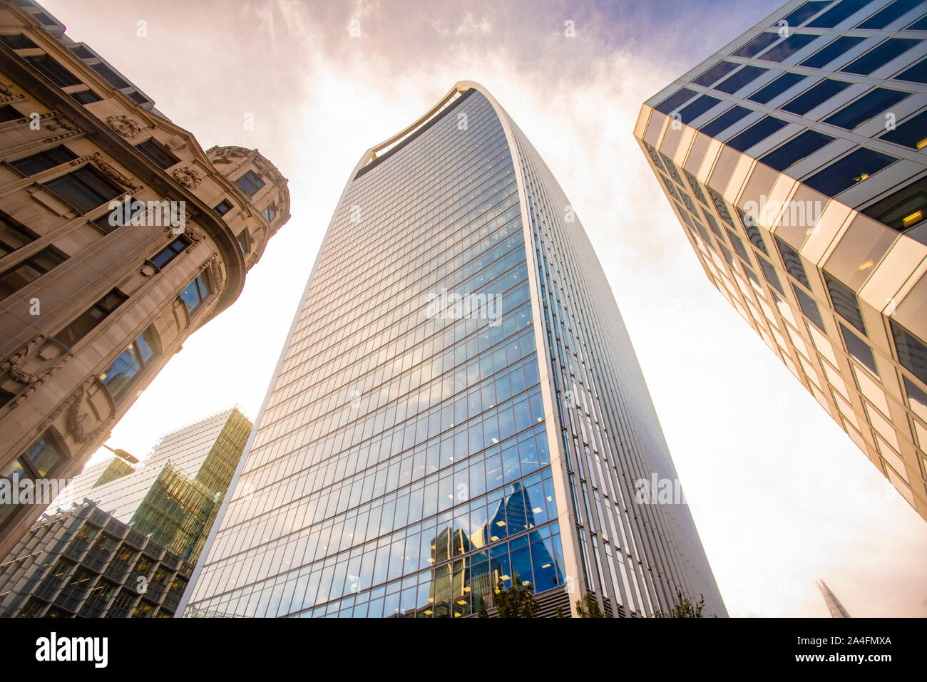 Sky Garden walkie talkie tower in the city of london from below Stock ...