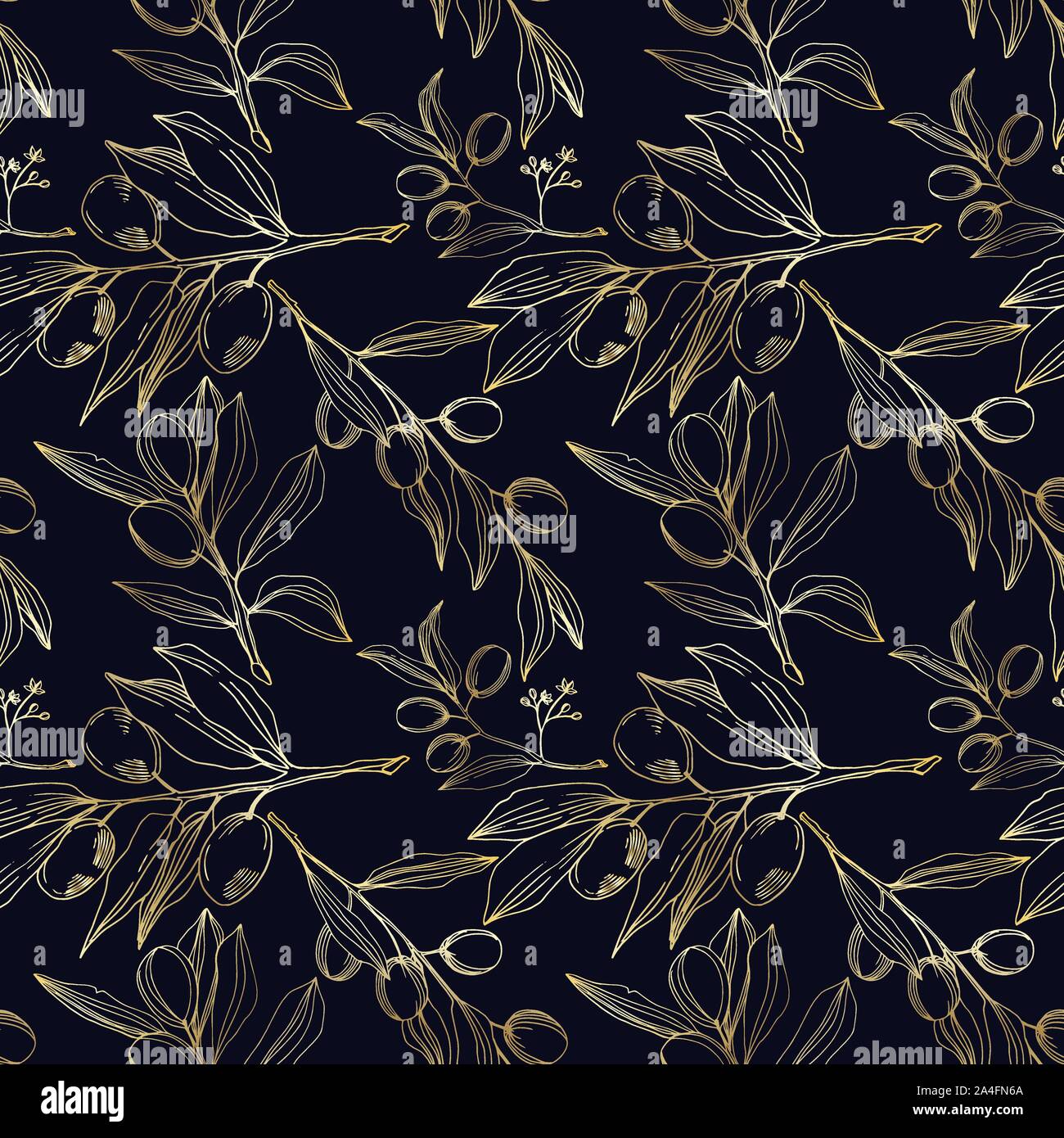 Vector Olive branch with fruit. Black and white engraved ink art. Seamless background pattern ...
