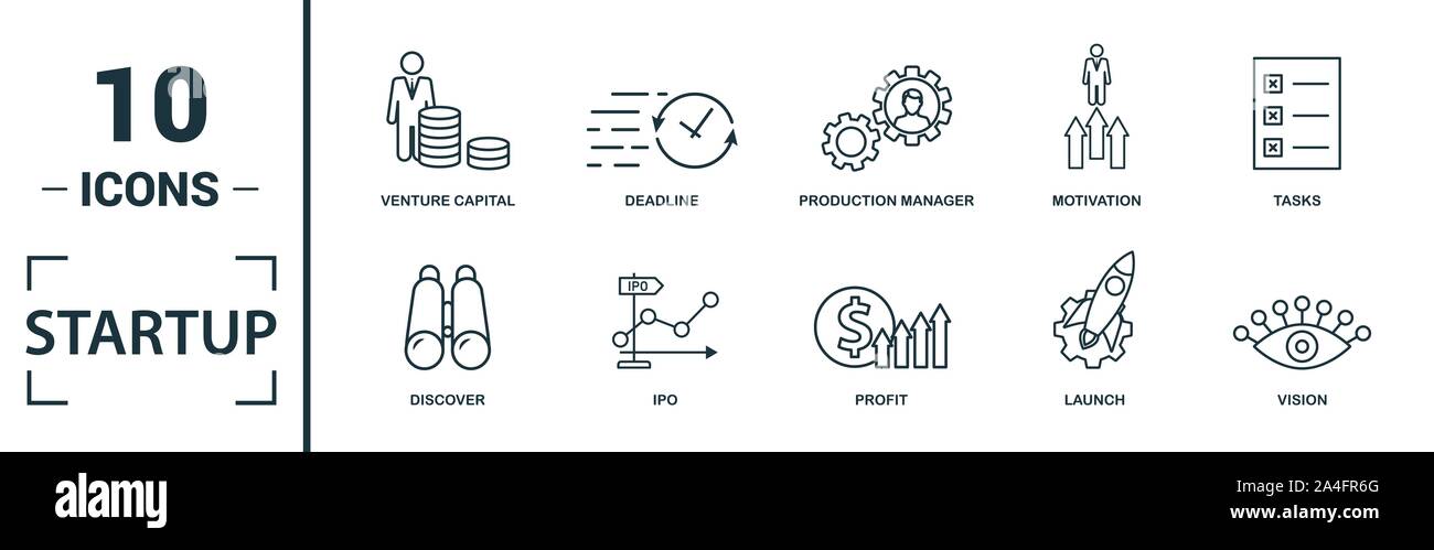 Startup icon set. Include creative elements goal, business plan, prototype, business incubator ...
