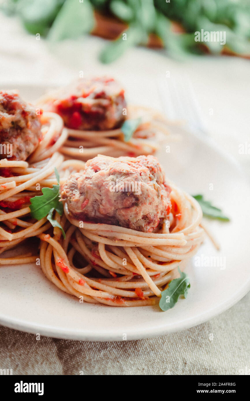 Original Italian Spaghetti With Meatballs In Tomato Sauce Stock Photo ...
