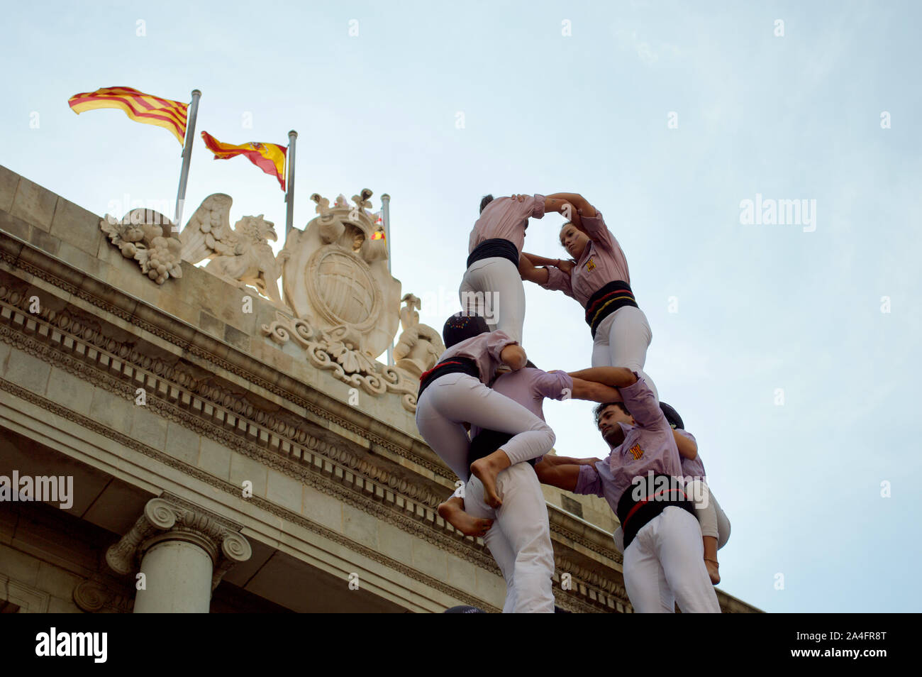 Castellers building castells/human towers at the 2019 La Merce Festival ...