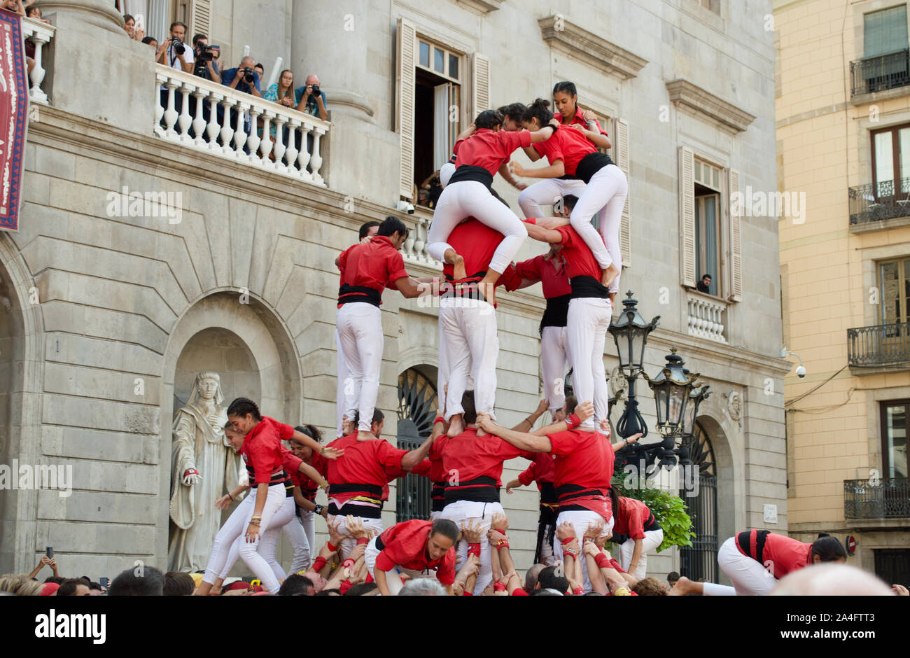 Castellers building castells/human towers at the 2019 La Merce Festival ...