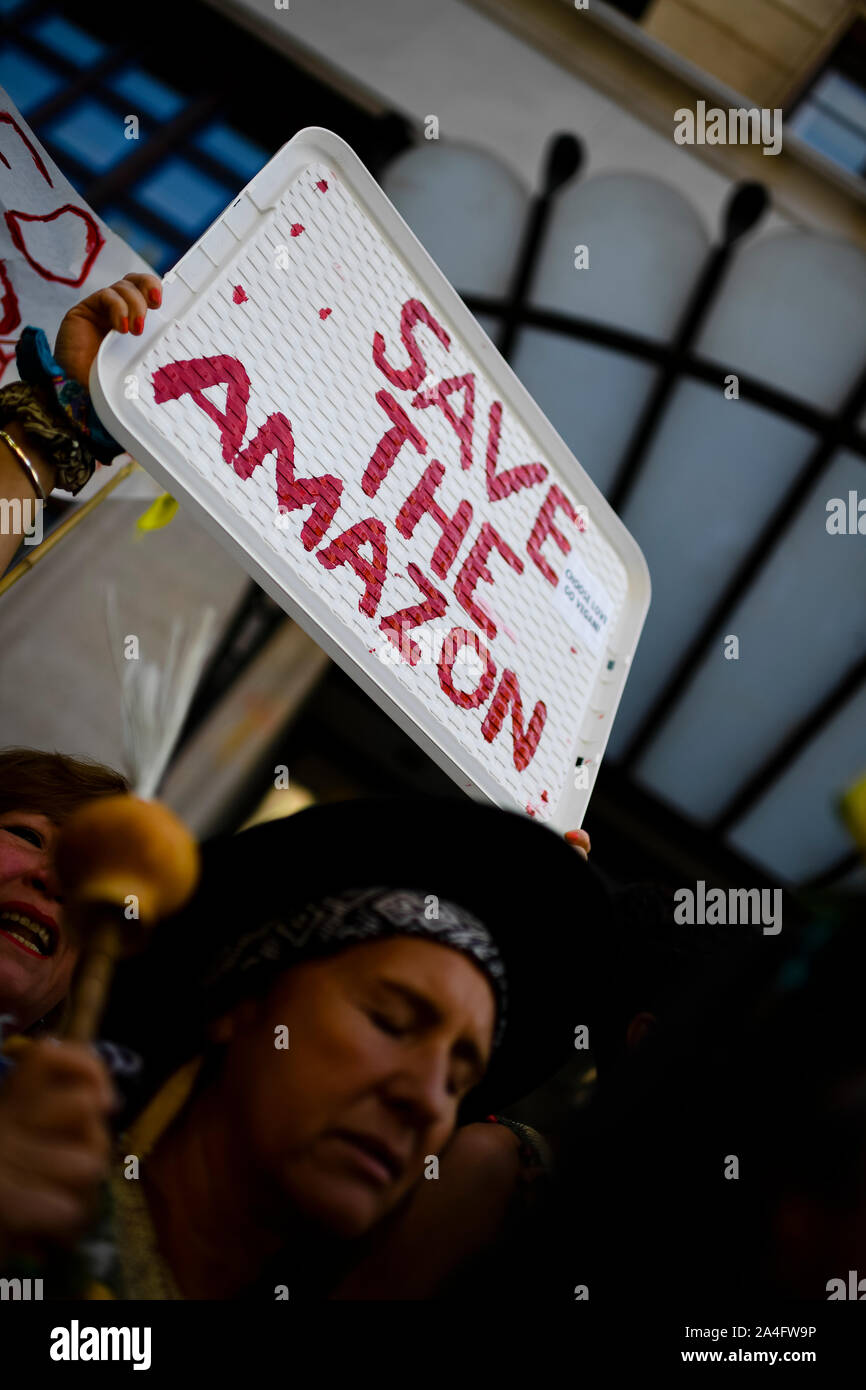 London, UK. "Save the Amazon" sign outside the Brazilian embassy during ...