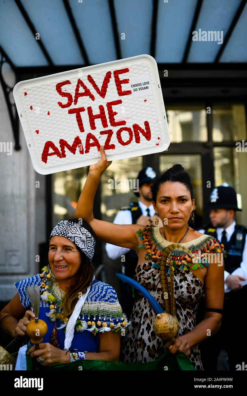 London, UK. A protester raises a "Save the Amazon" sign outside the ...