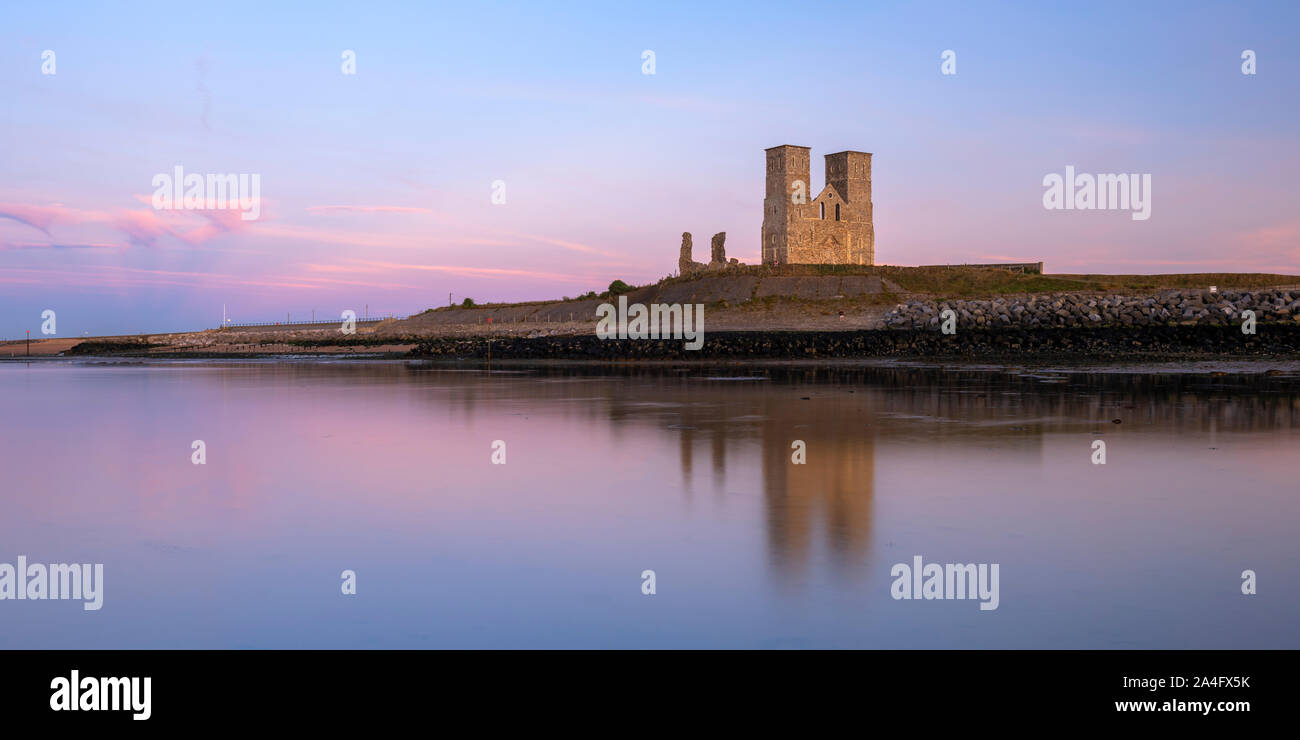 Reculver Towers; a medieval church and site of a Roman fort reflected ...