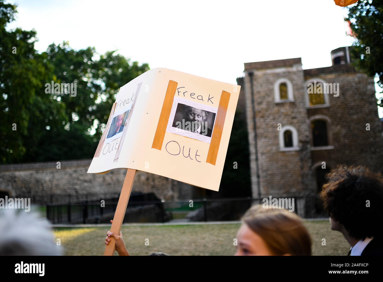 London, UK. Sign with picture of Boris Johnson with "Freak out" written ...