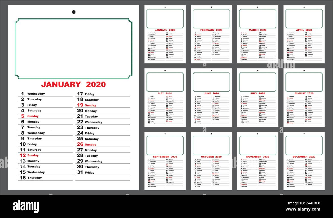 12 month calendar year 2020 with 2 columns customizable with text ...