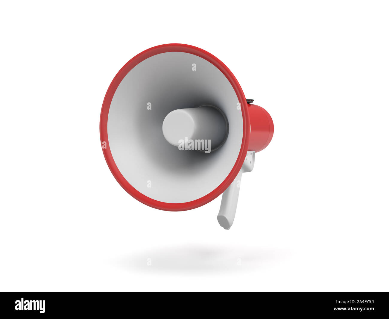 3d rendering of a single red and white megaphone in side view on white ...