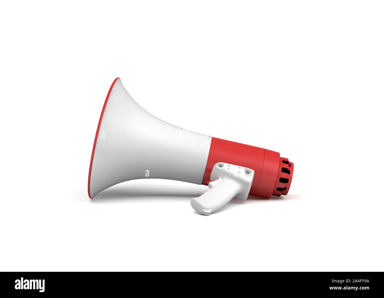 3d rendering of a single red and white megaphone lying in side view on ...
