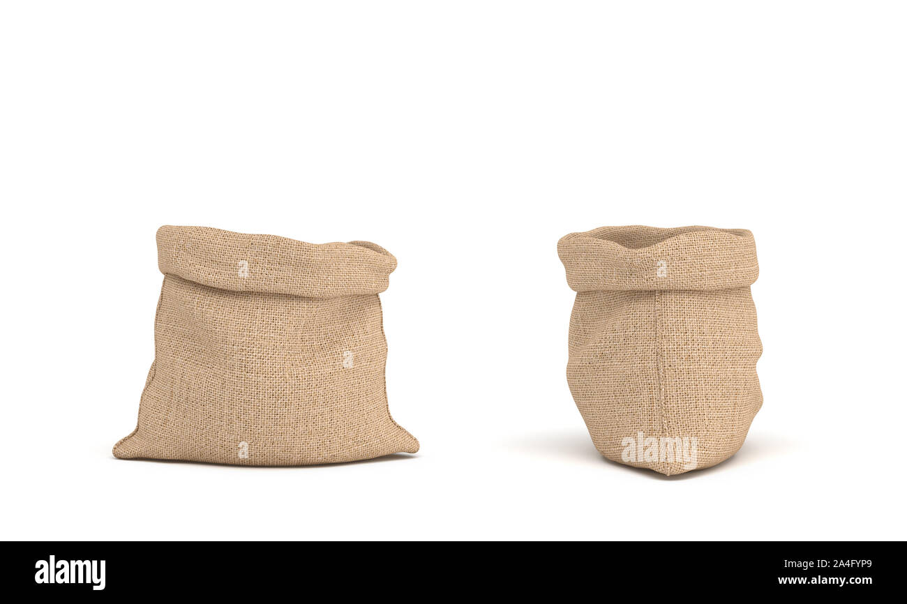 3d rendering of two open canvas sacks, one sack in front view and ...
