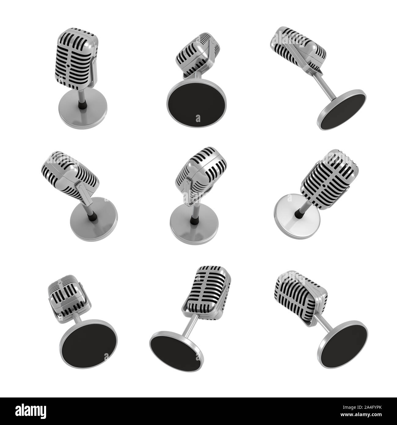 3d rendering of many retro table microphones in different views on ...