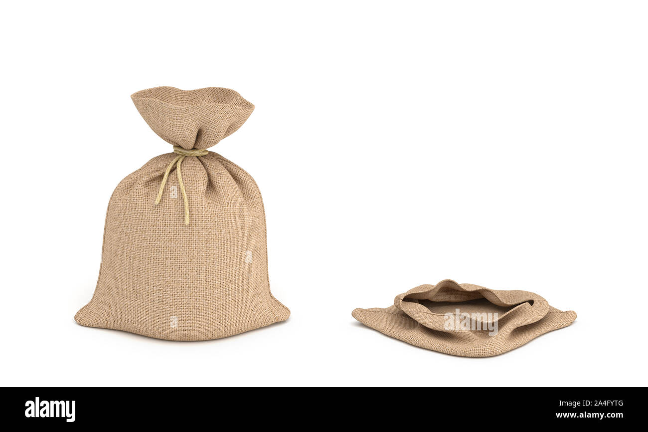 3d rendering of two isolated money bags, full and empty. Earning and ...