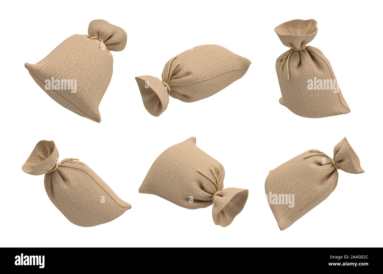 3d rendering of several hessian money bags, filled and closed with a ...