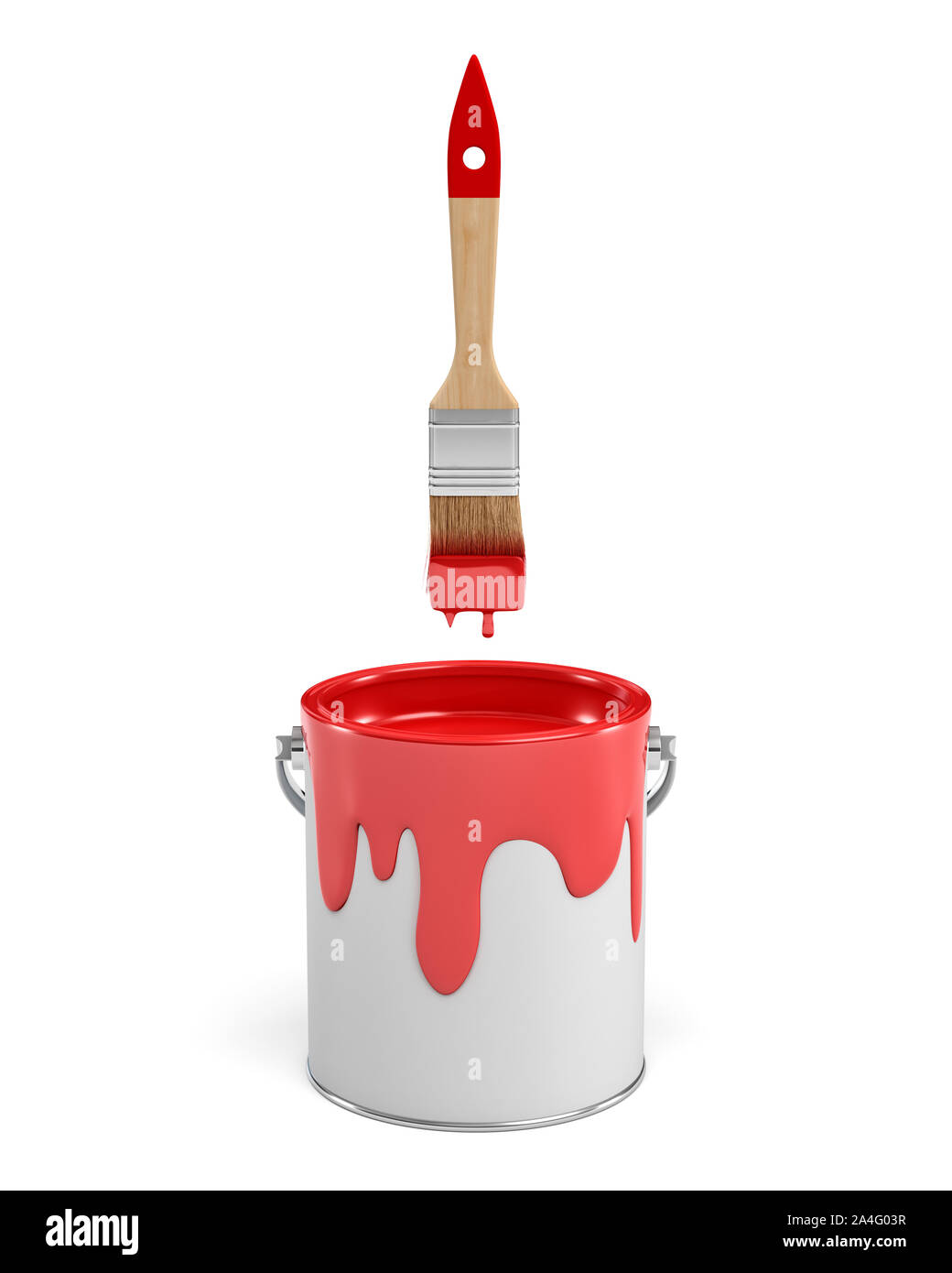 3d rendering of a red paint jar and a wooden brush with a red handle on ...
