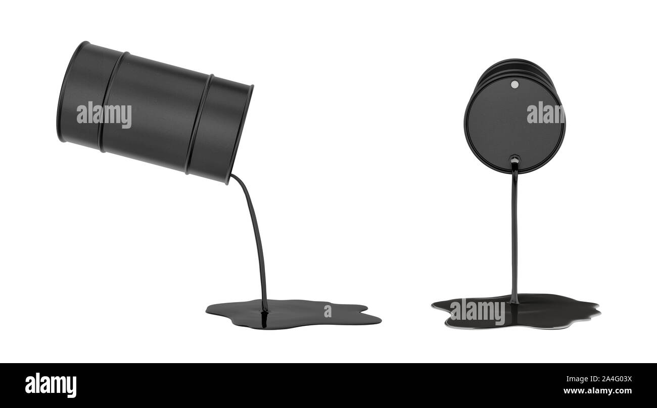 3d rendering of oil pouring from black barrels side and front views ...