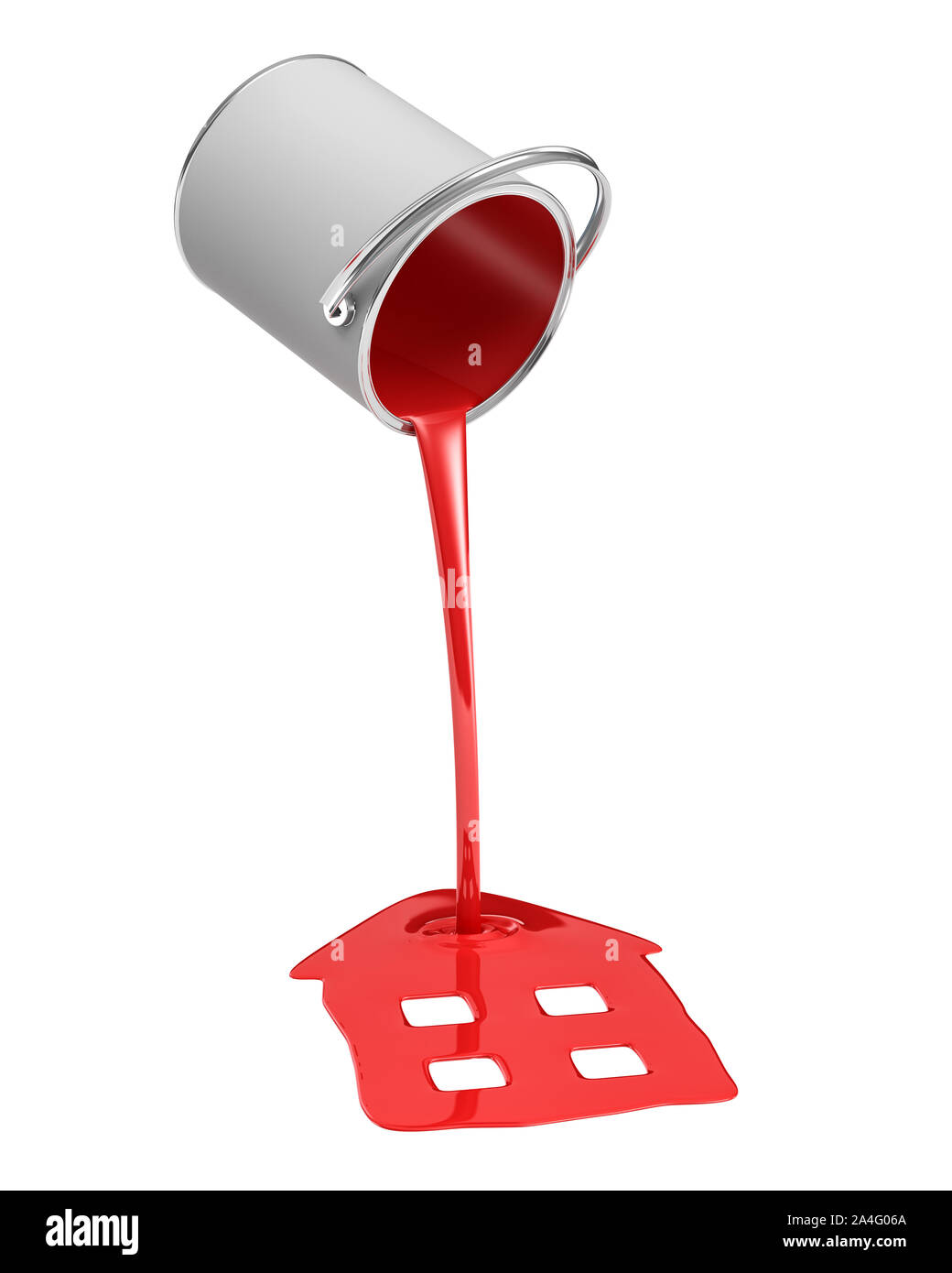 3d rendering of a red paint bucket overturned with paint leaking out ...