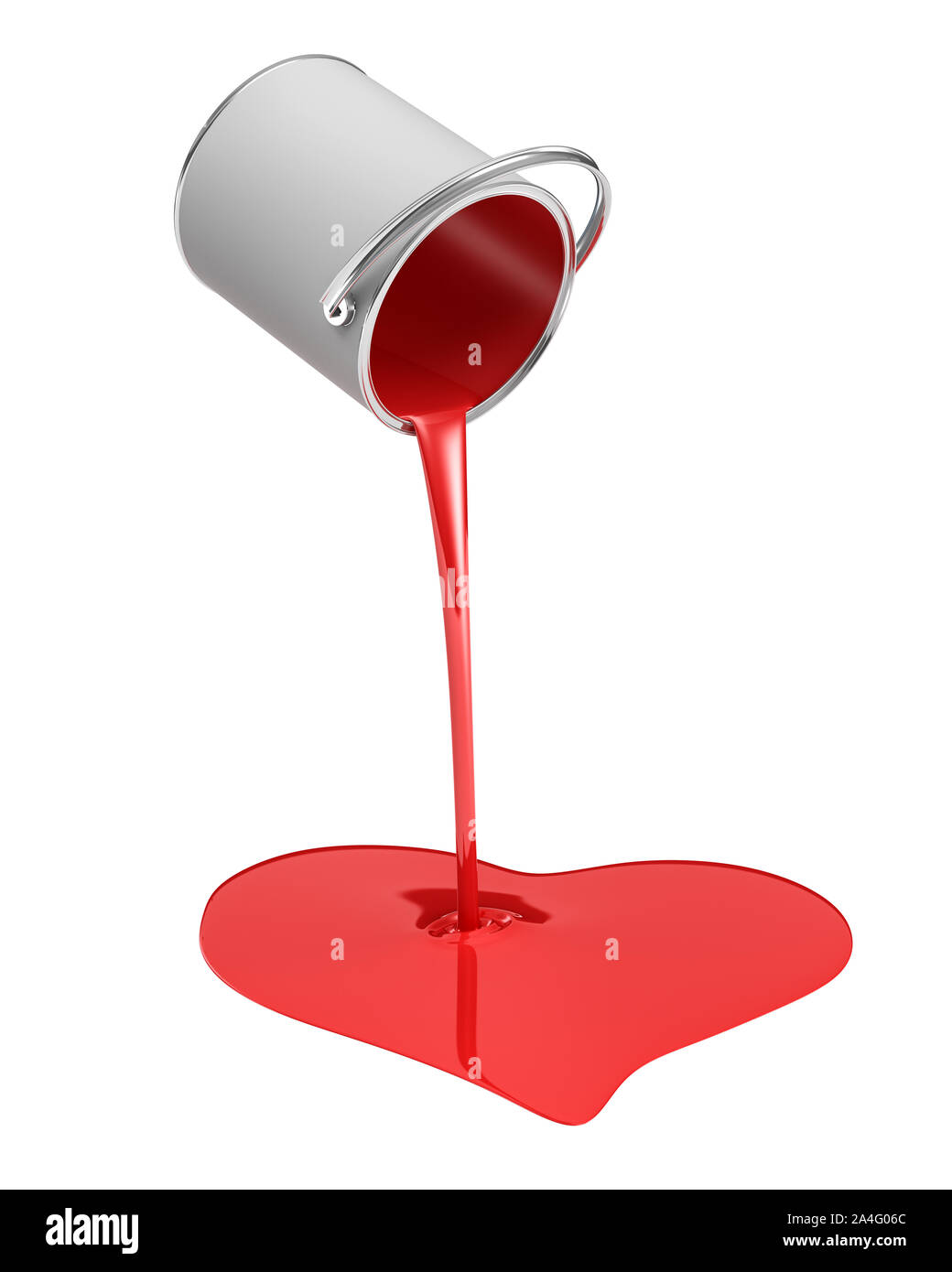 3d rendering of a red paint bucket overturned with paint leaking out ...