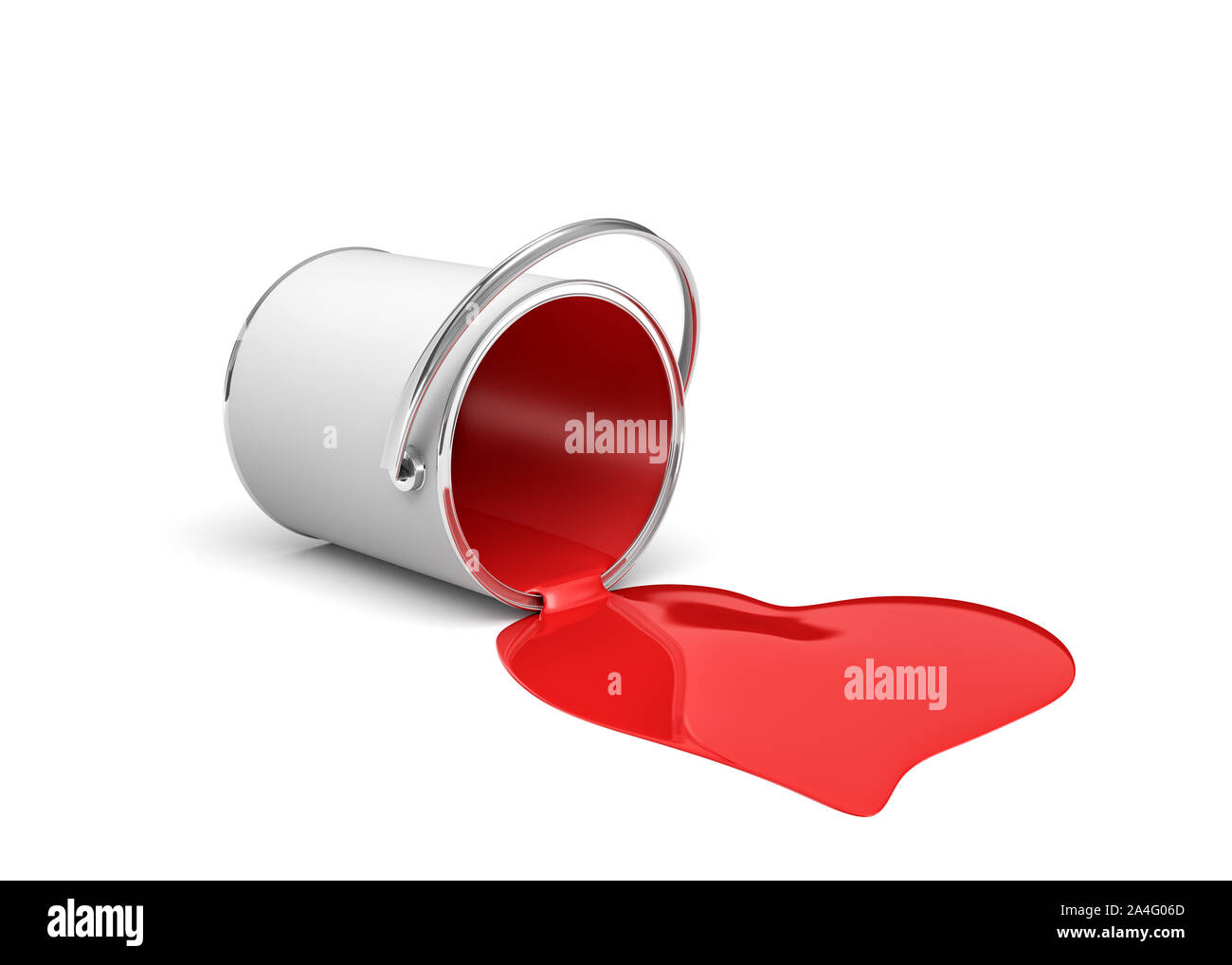 3d rendering of a red paint bucket lying on its side with paint leaking ...