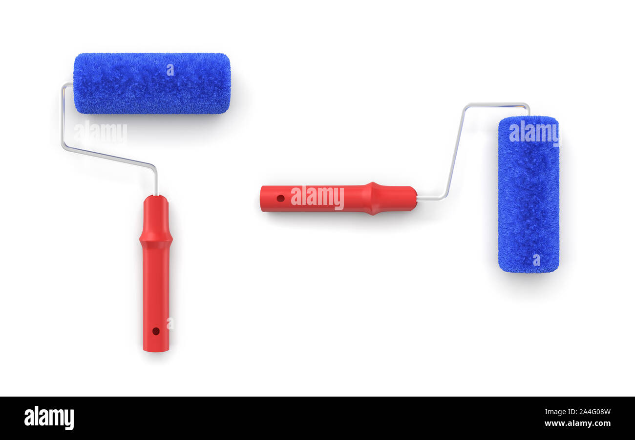 3d rendering of two paint rollers seen from above with red handles and ...