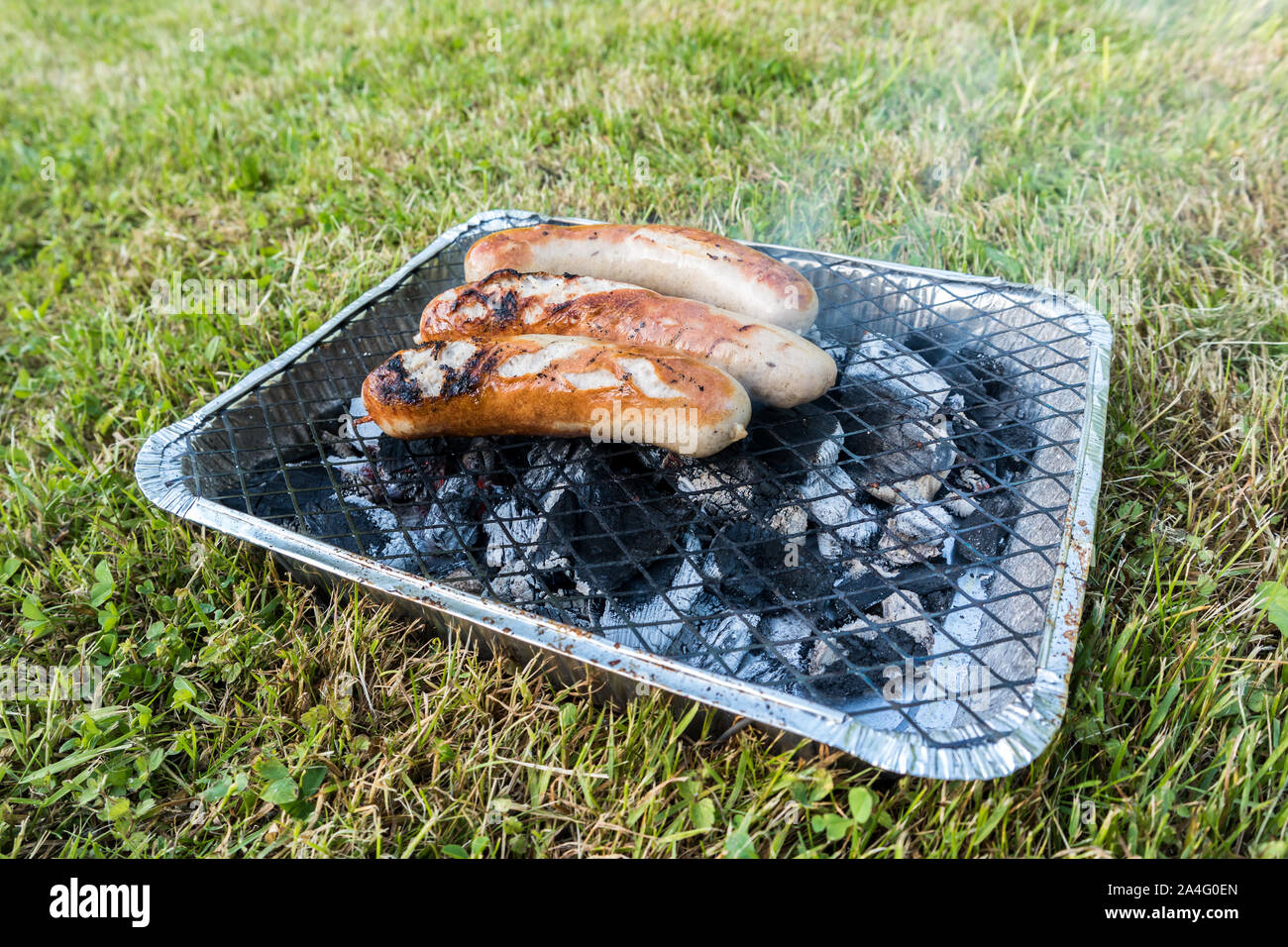Disposable barbecue with bratwurst Stock Photo - Alamy