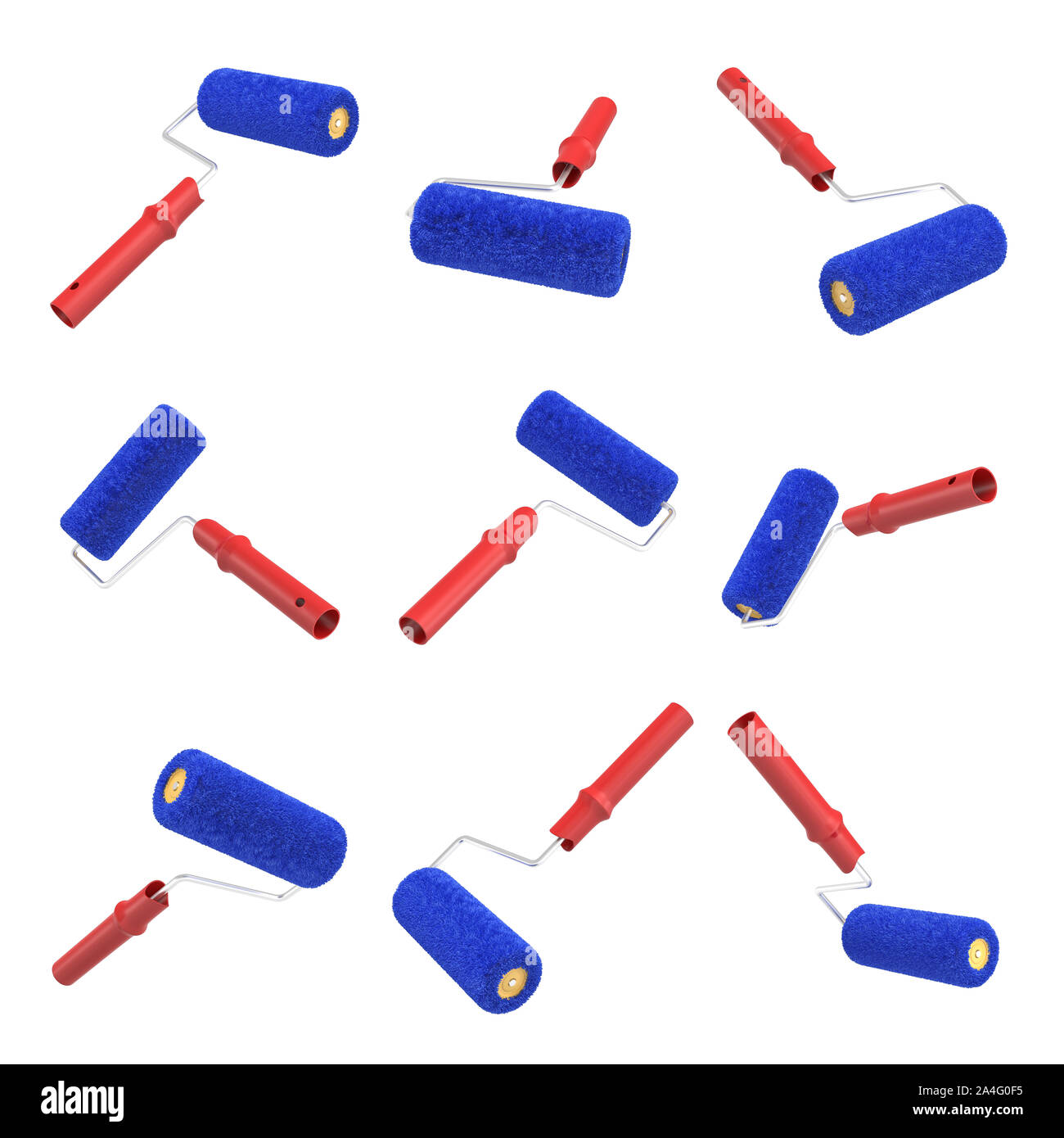 3d rendering of a many paint rollers in different angles hanging on a ...