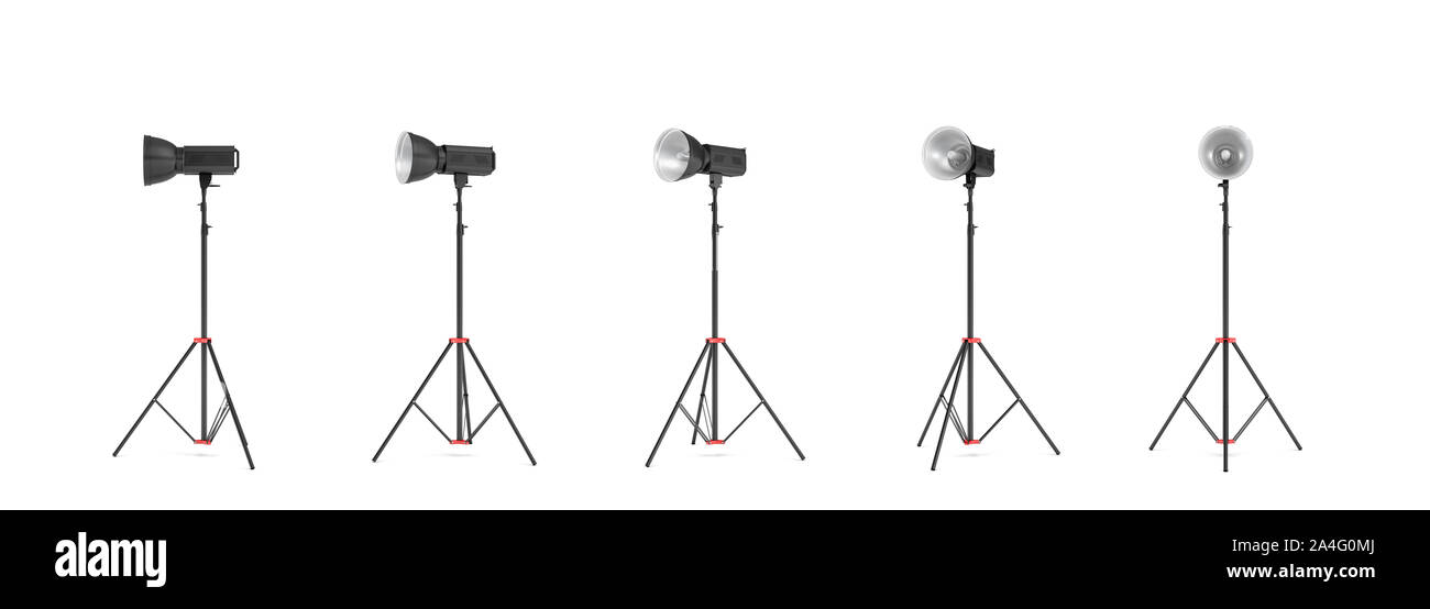 3d rendering of a studio photo flash with reflector stand in different ...