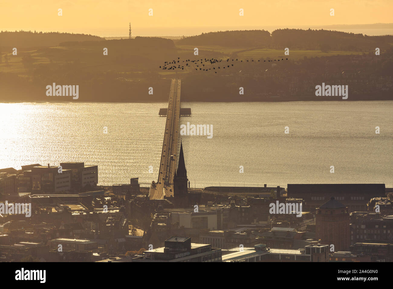The Tay road bridge at sunrise from Dundee crossing over to Newport-on ...