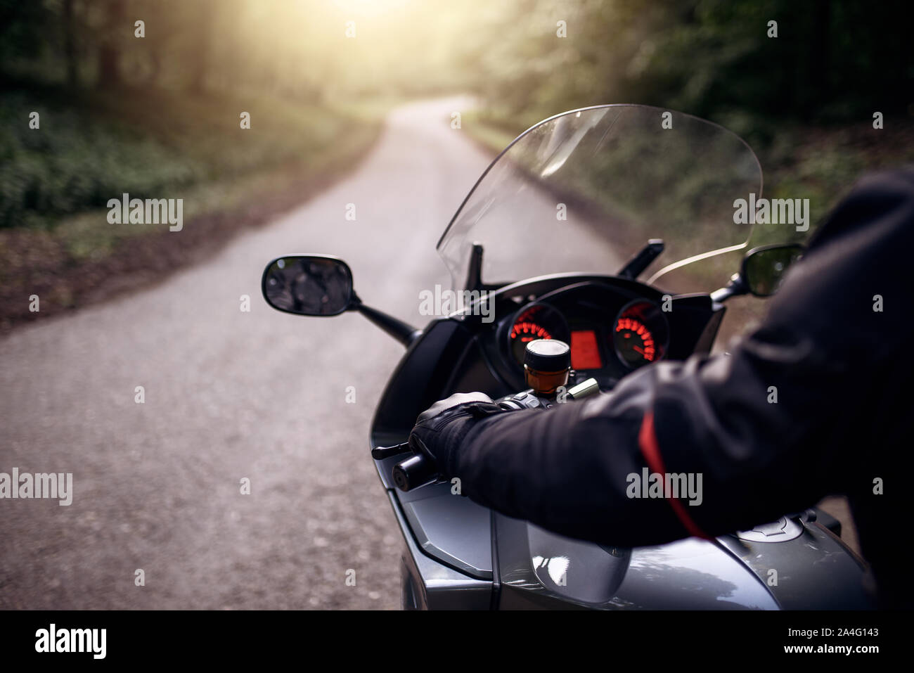 Driver riding motorcycle on the road through forest. Biker with his ...