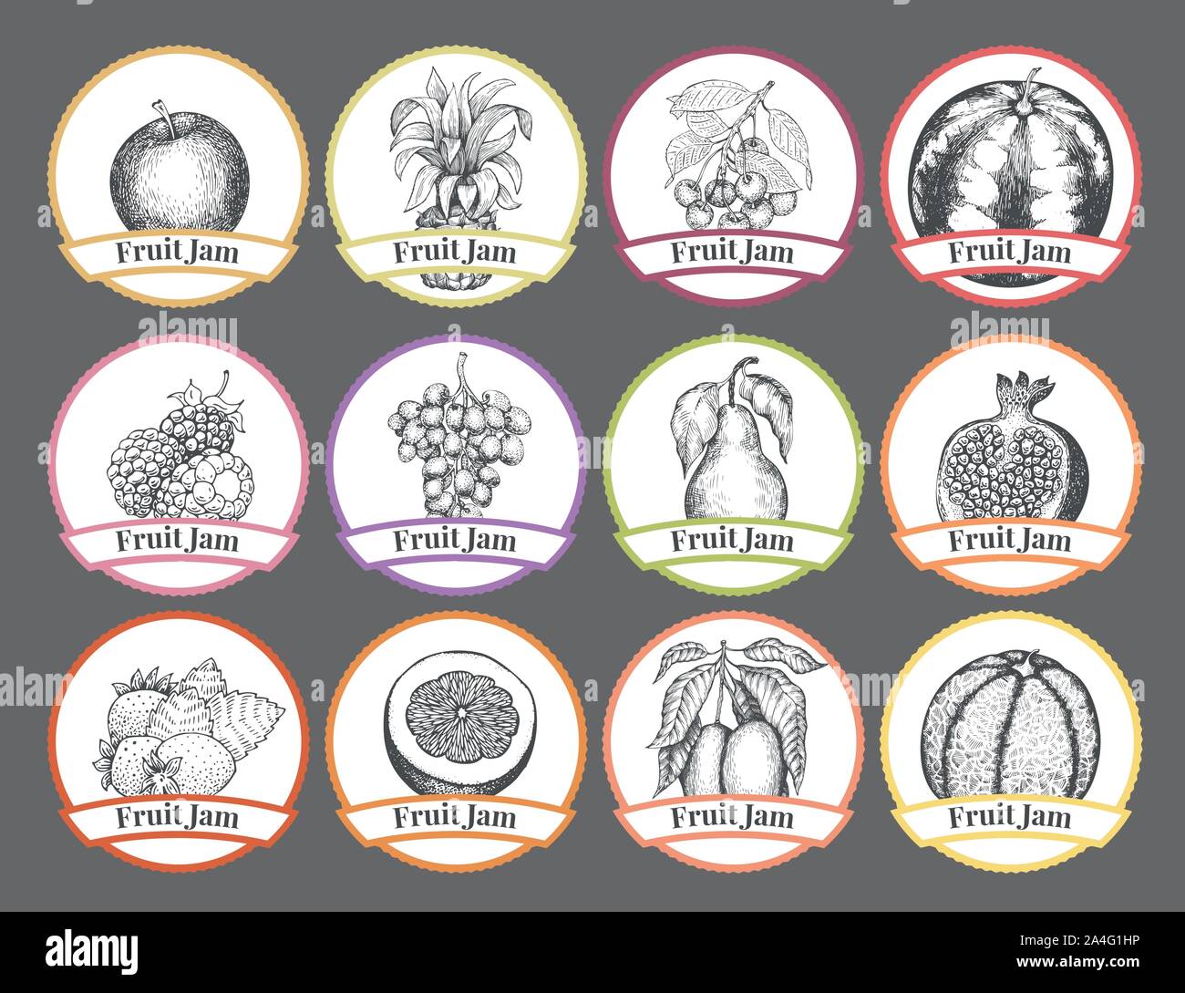 Berry and fruit labels set. Retro style jar stickers design template ...