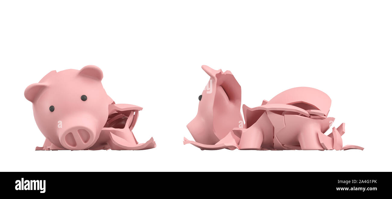 3d rendering of a pink ceramic piggy bank completely broken up into ...