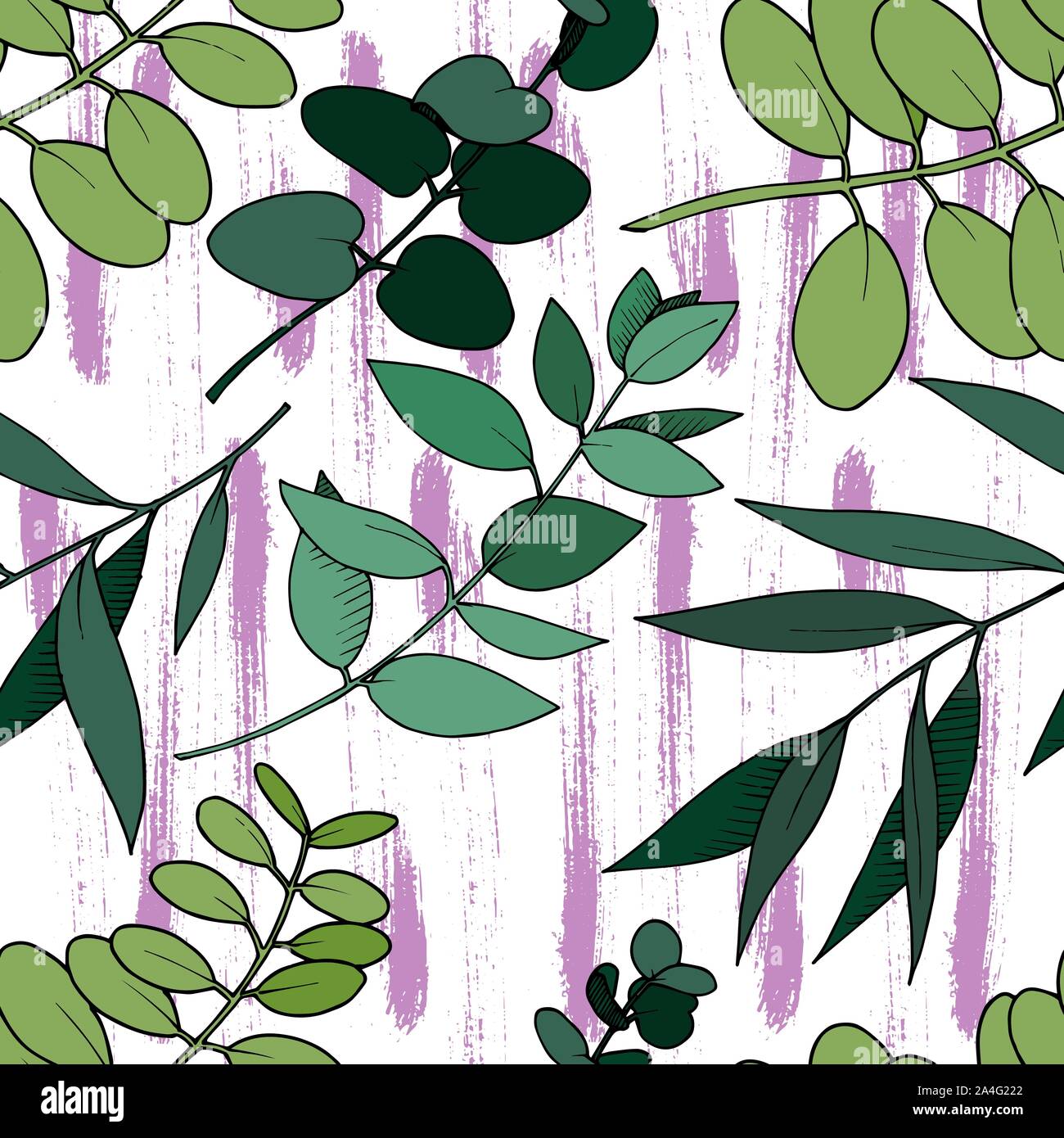 Vector Eucalyptus leaves branch. Black and white engraved ink art. Seamless background pattern ...