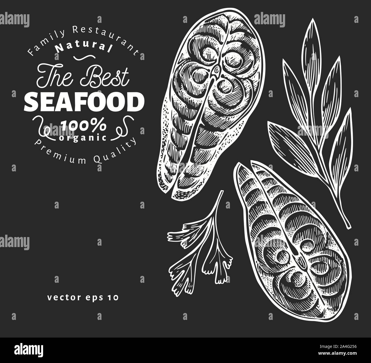 Fish steaks illustrations. Hand drawn vector seafood illustration on ...