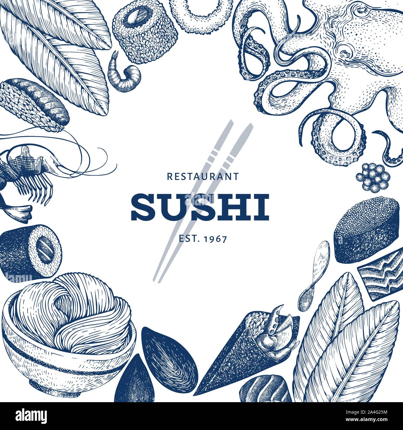 Japanese cuisine design template. Sushi hand drawn vector illustrations ...