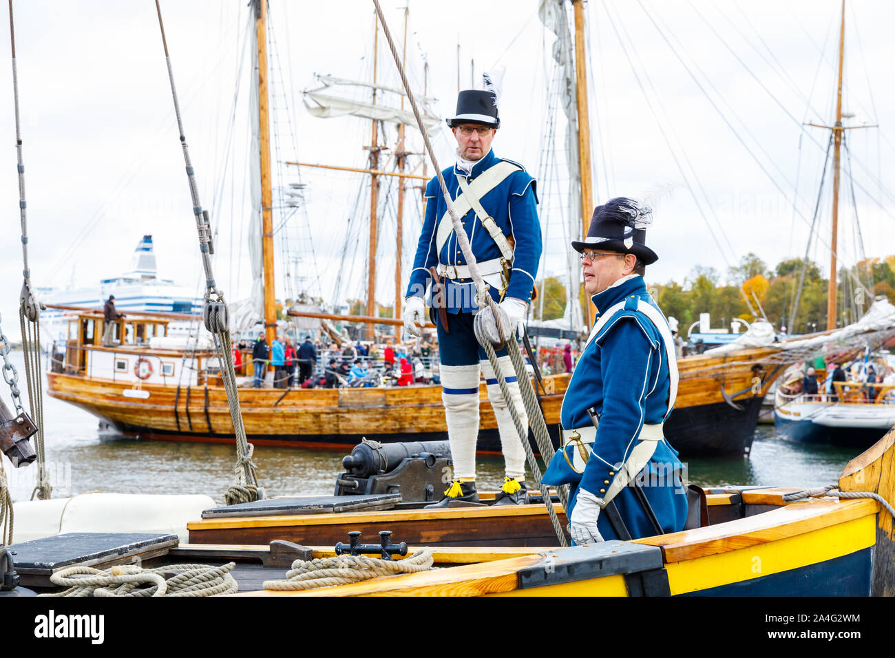 HELSINKI, FINLAND - OCTOBER 12, 2019: Sailor in ancient uniform stand ...