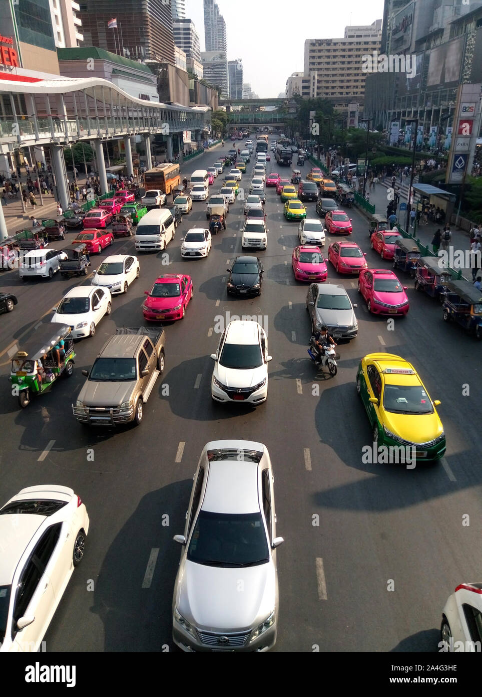 top view of a wide street with multi-lane traffic, heavy traffic from ...