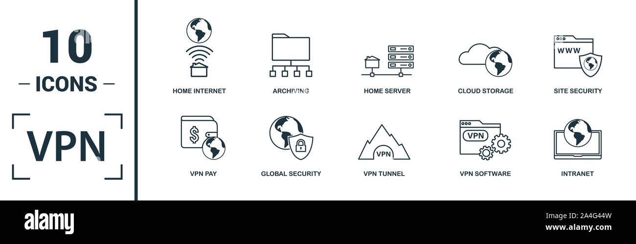 Vpn icon set. Include creative elements , archiving, site security, home server, cloud storage ...