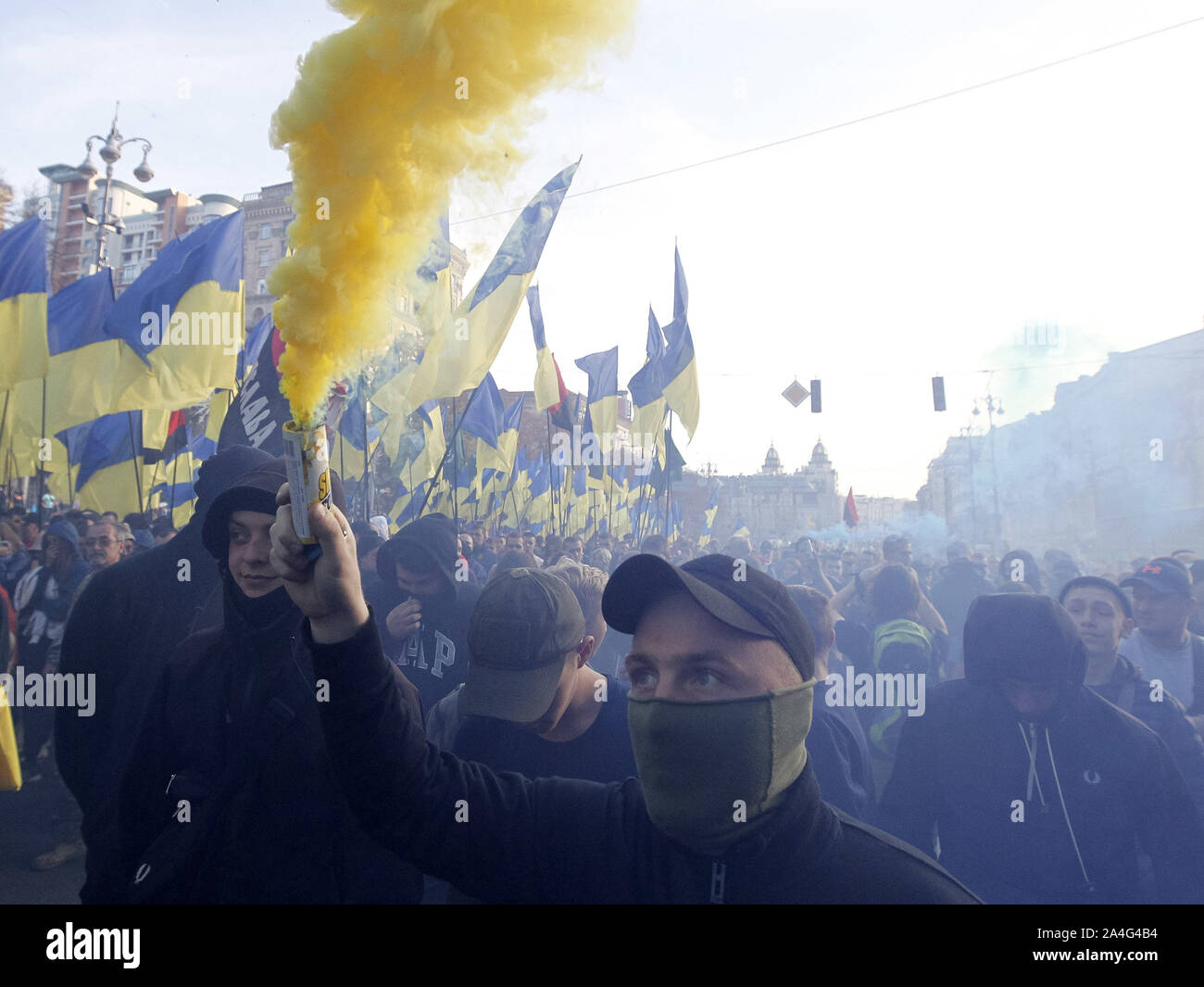 Kiev, Ukraine. 14th Oct, 2019. Ukrainian nationalists attend a march to ...