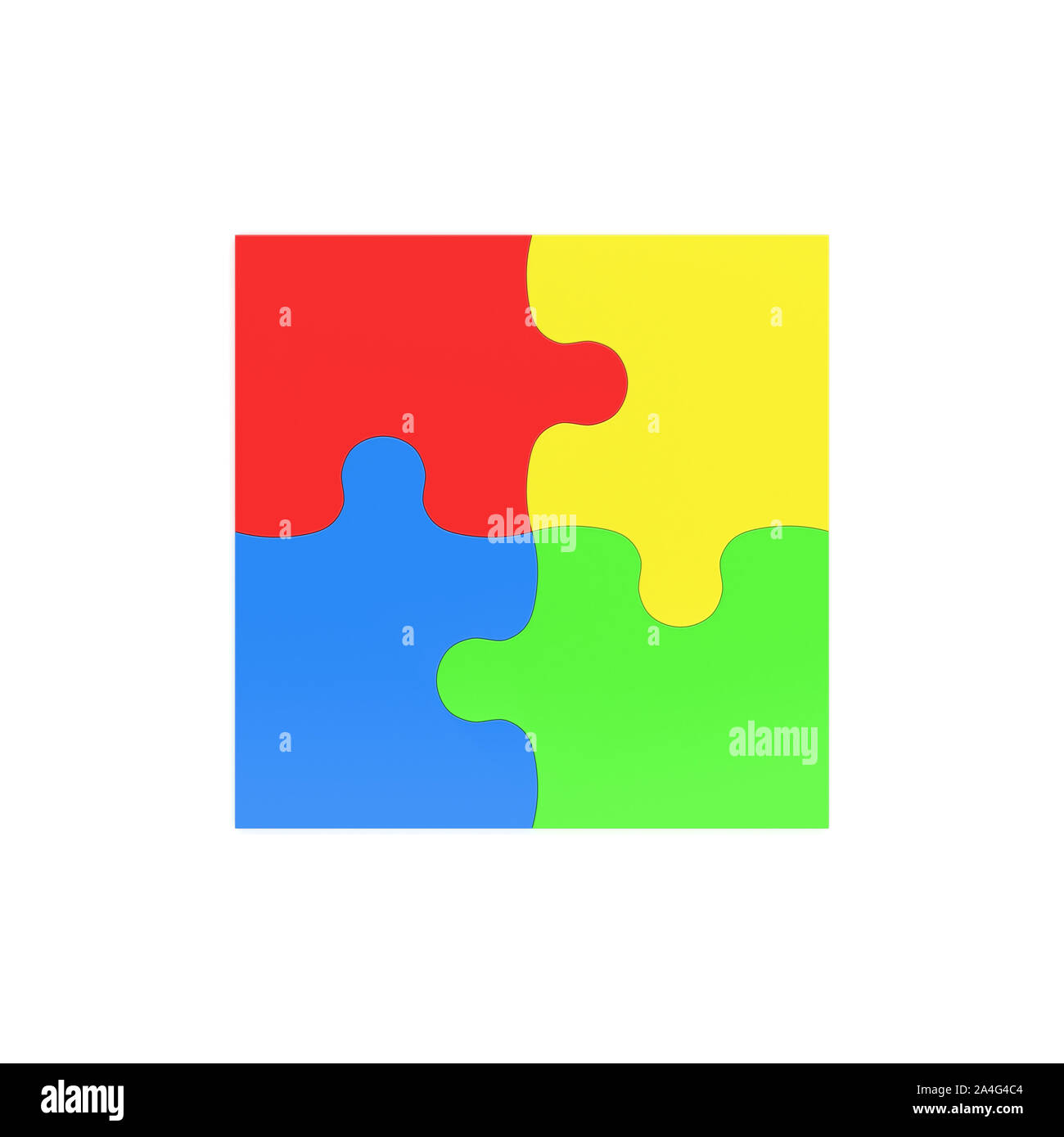 3d rendering of four multicolored puzzle pieces interconnected on white ...