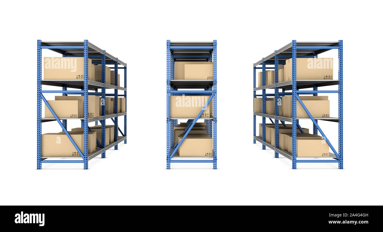 3d rendering of metal racks standing together in three rows, with beige ...