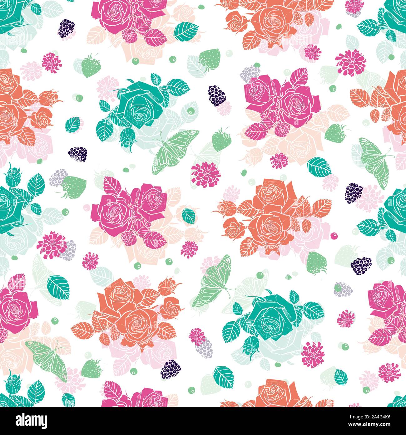 Vector white spaced out roses and berries seamless pattern. Colorful ...