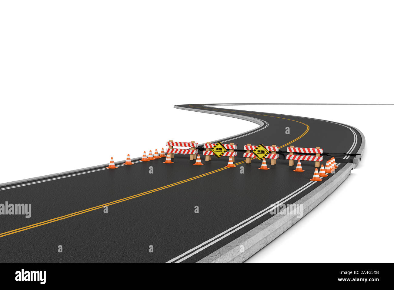 3d rendering of a road closed with the barriers, traffic cones, and ...
